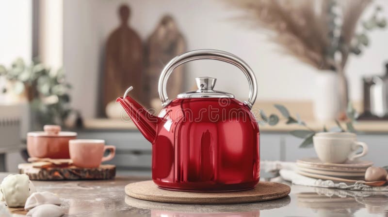 Modern Red Kettle, Cup and Honey on Wooden Table in Kitchen Stock Photo ...