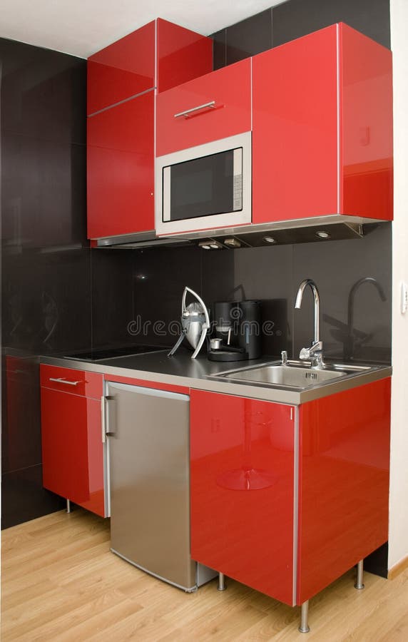 Modern red kitchen stock photo. Image of pavement, apartment - 21603302