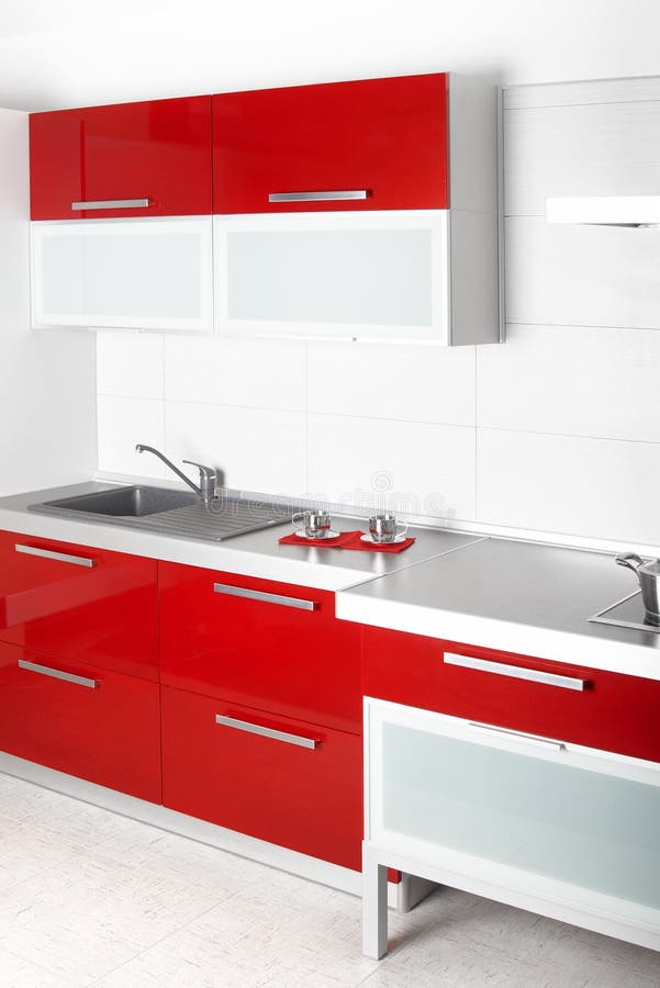 Modern red kitchen stock image. Image of empty, home, cooking - 6006317