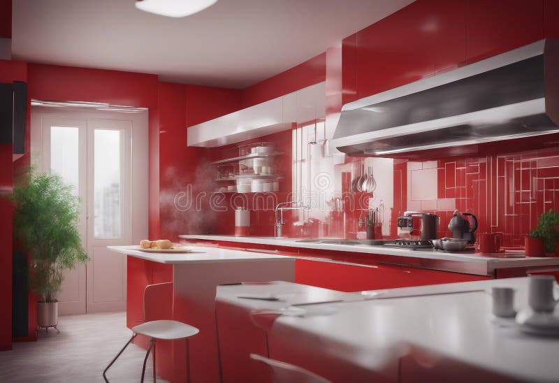 Modern Red Kitchen Interior 3d Stock Illustration - Illustration of ...