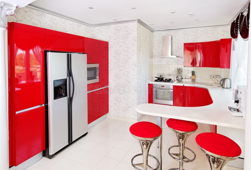 Modern Red Kitchen Interior Stock Image - Image of kitchen, sink: 78357993