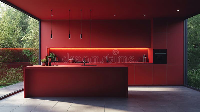 Modern Red Kitchen with Large Windows Overlooking a Garden Stock ...