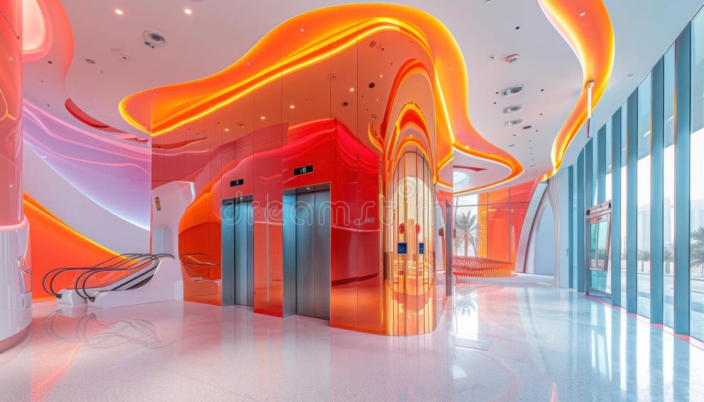 Modern Red Lobby Interior with Elevators and Escalators Stock Photo ...
