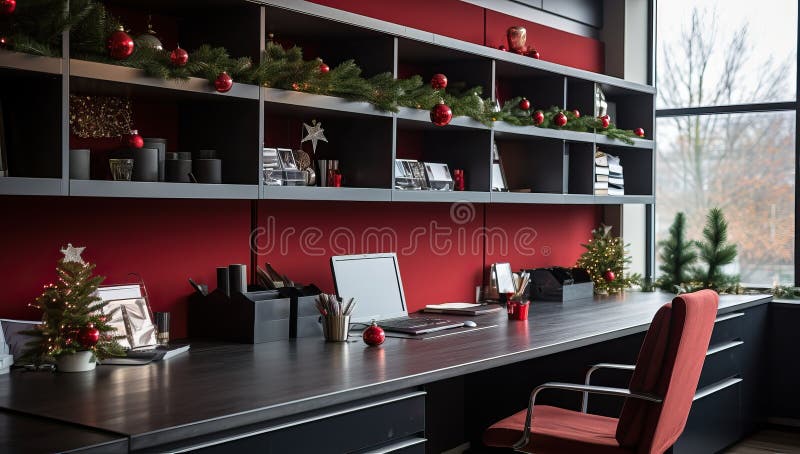 Modern Red Office Interior with Christmas Decorations Stock ...