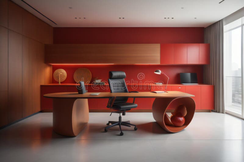 Modern Red Office Interior. Workplace and Design Concept Stock Photo ...