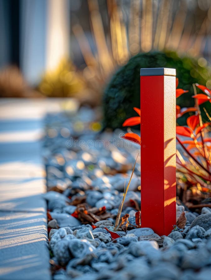 A Modern Red Pillar Stands Amidst a Stone Pathway and Foliage. Stock ...