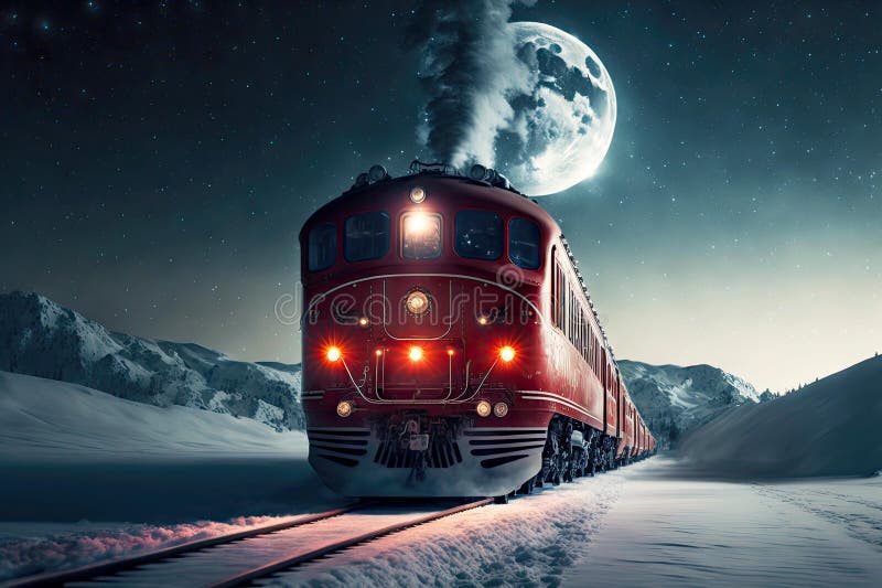 Modern Red Polar Express Train Rides by Rail in Winter Stock ...