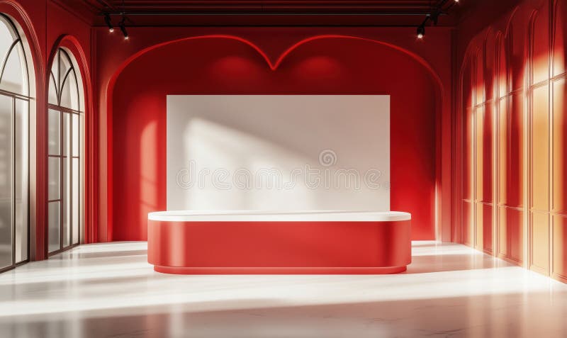 Modern Red Reception Area with Minimalist Design, Bright Lighting ...