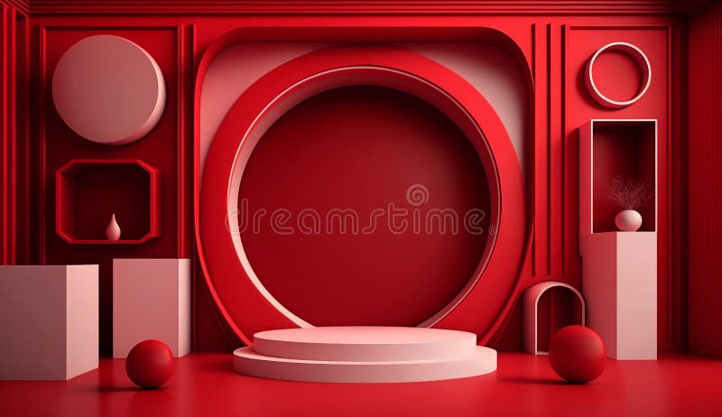 Modern Red Room with Podium Stock Illustration - Illustration of shape ...