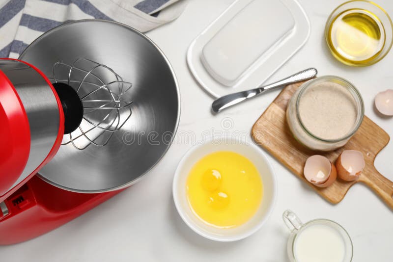 Modern Red Stand Mixer and Different Ingredients on White Table, Flat ...
