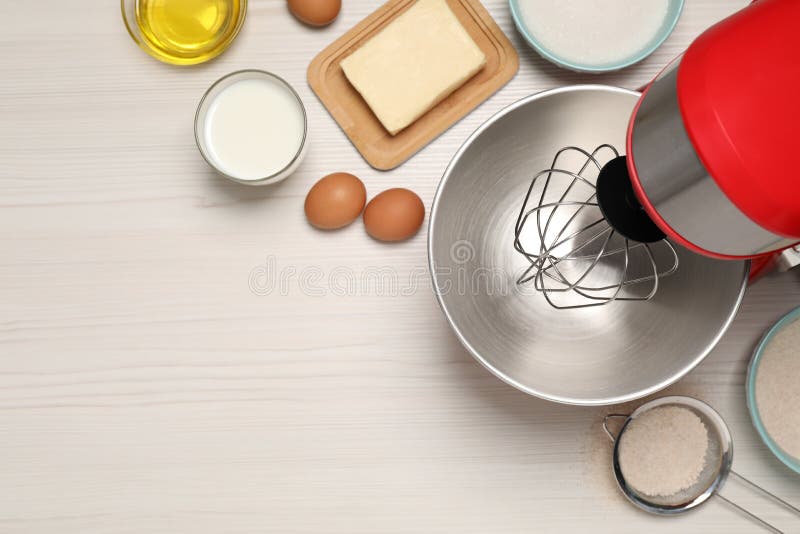 Modern Red Stand Mixer and Different Ingredients on White Wooden Table ...