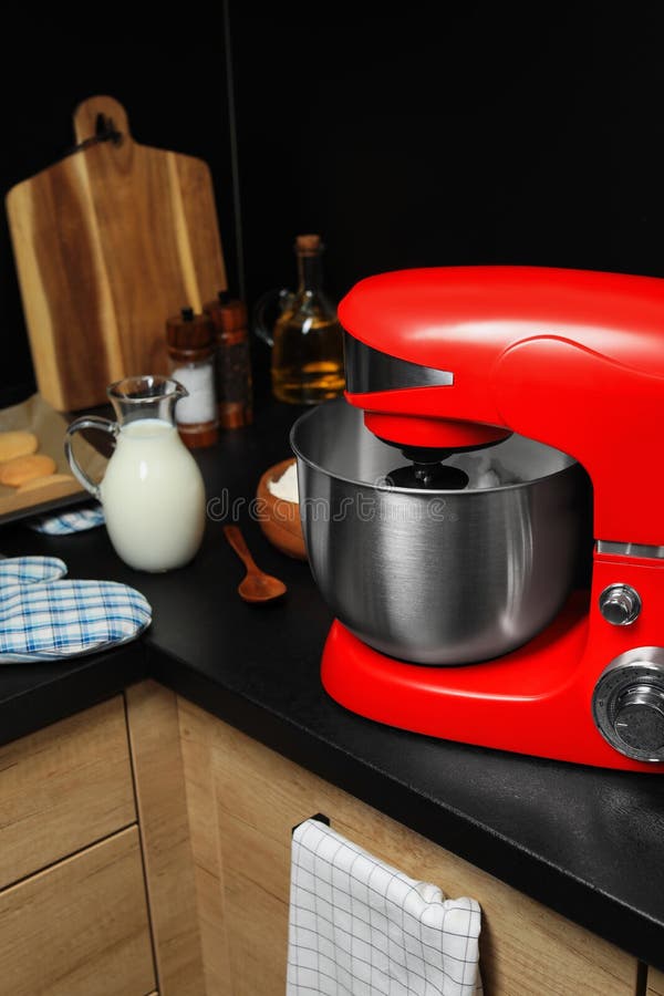 Modern Red Stand Mixer and Ingredients on Countertop in Kitchen Stock ...