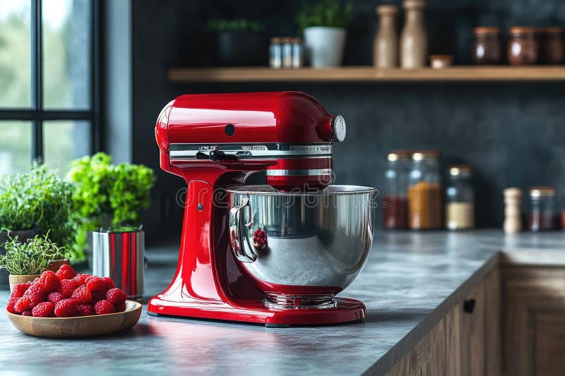 Modern Red Stand Mixer and Kitchen Products on a Light Gray Table ...