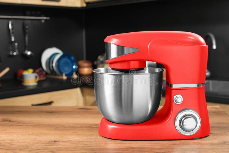 Modern Red Stand Mixer on Wooden Table in Kitchen Stock Image - Image ...