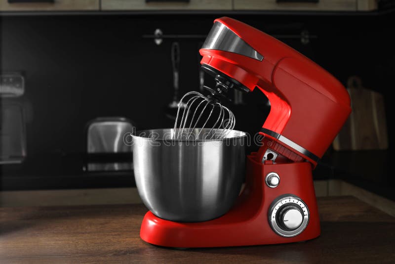 Modern Red Stand Mixer on Wooden Table in Kitchen Stock Image - Image ...
