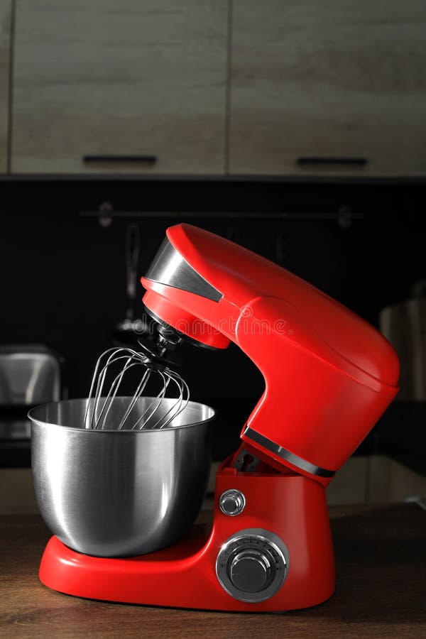 Modern Red Stand Mixer on Wooden Table in Kitchen Stock Photo - Image ...