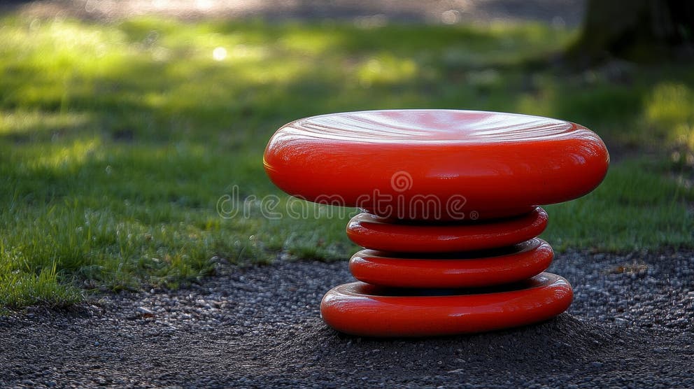 Modern Red Stool in a Park Setting on Grass and Gravel. Stock Photo ...