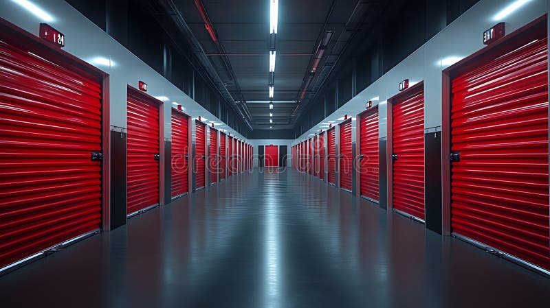 Modern Red Storage Units in a Long, Well-lit Corridor Stock ...