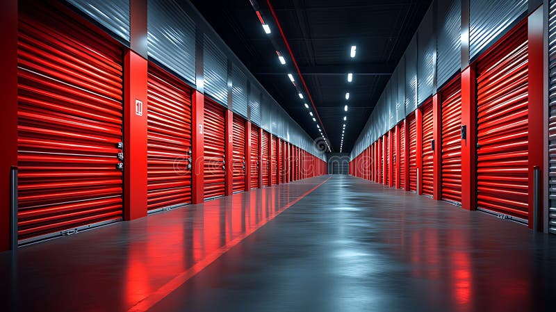 Modern Red Storage Units in a Long, Well-lit Hallway Stock Illustration ...