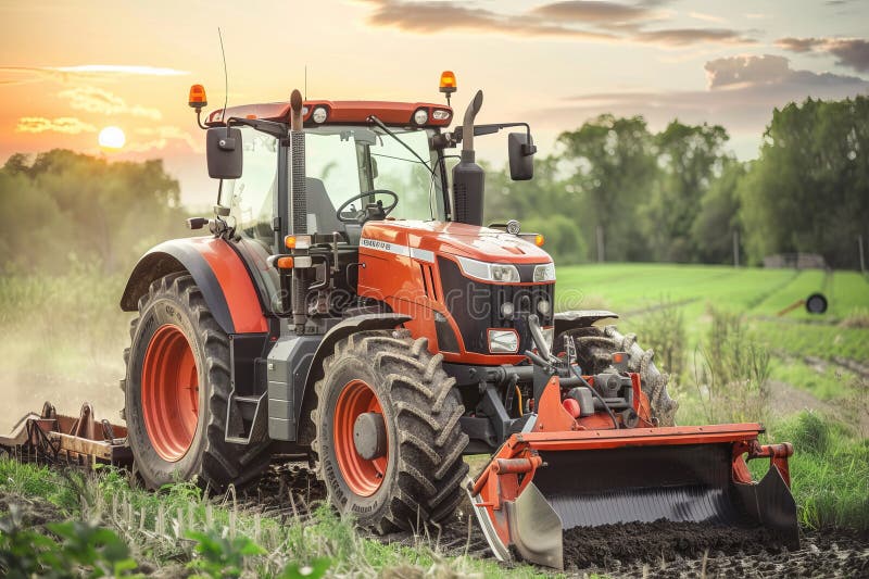 Modern Red Tractor Plowing Fertile Green Field at Sunset Stock ...