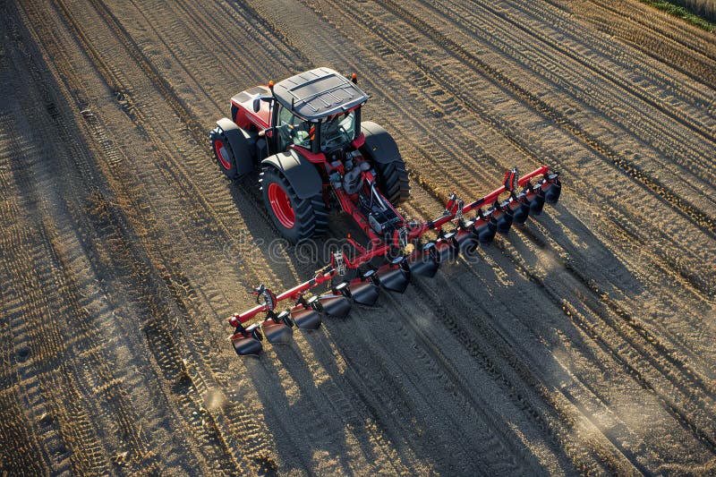 Modern Red Tractor Plowing Field: Aerial View of Farming Technology in ...