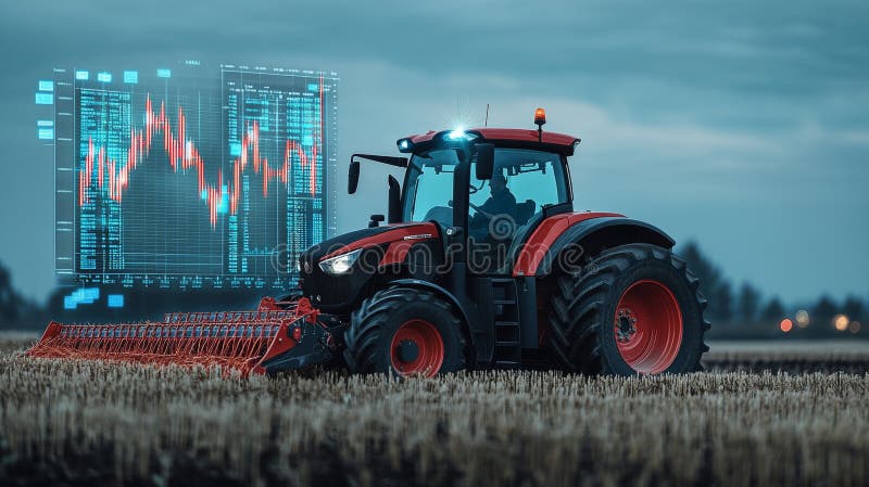 Modern Red Tractor Plowing Field, Data Analysis, Agriculture Technology ...