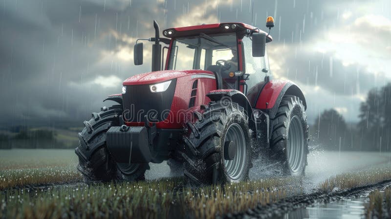 Modern Red Tractor on Wet Farmland Under a Rainy Sky. Stock Photo ...
