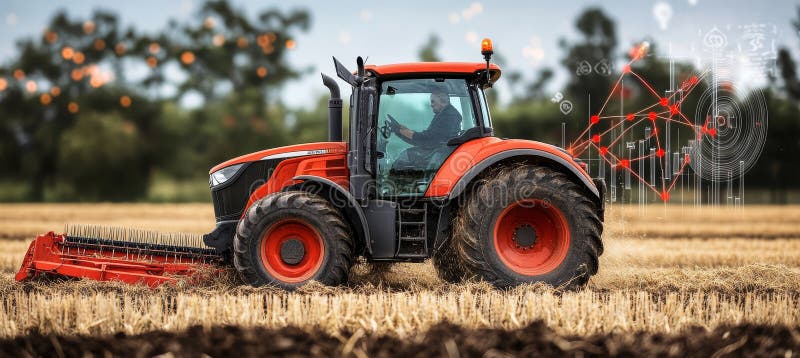 Modern Red Tractor Working in the Field Data-Driven Agriculture and ...