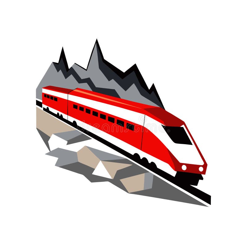 Modern Red Train Passing through Mountains Illustration Vector Stock ...