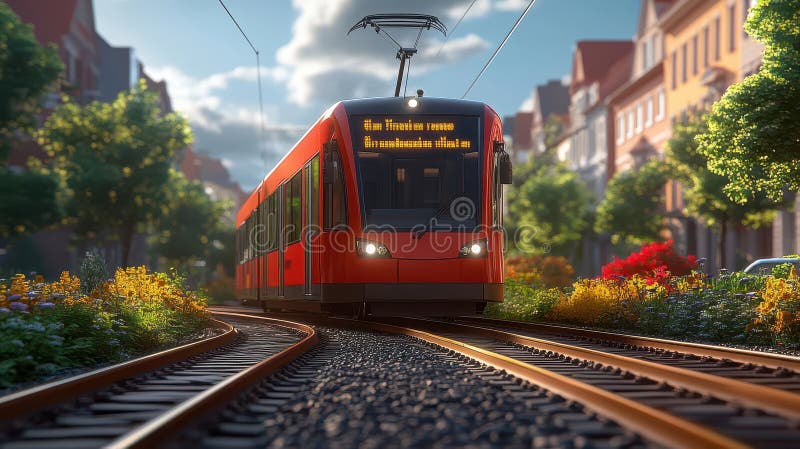 Modern Red Tram on City Tracks Stock Photo - Image of commute ...