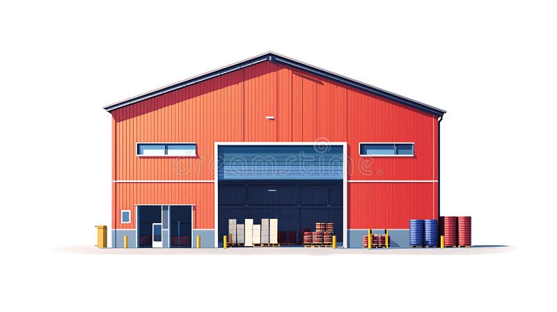 Modern Red Warehouse Exterior with Loading Docks and Cargo Stock ...