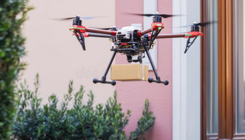 Modern Red and White Delivery Drone Carrying Package in Flight Stock ...