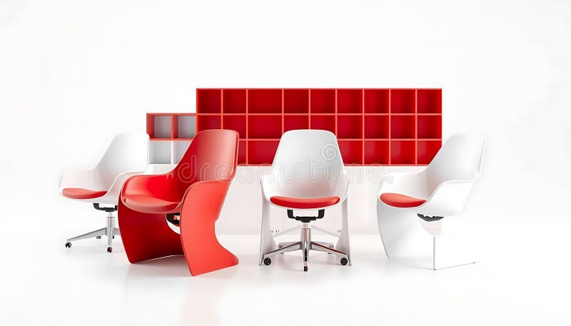 Modern Red and White Office Chairs with Red Shelving Stock Illustration ...