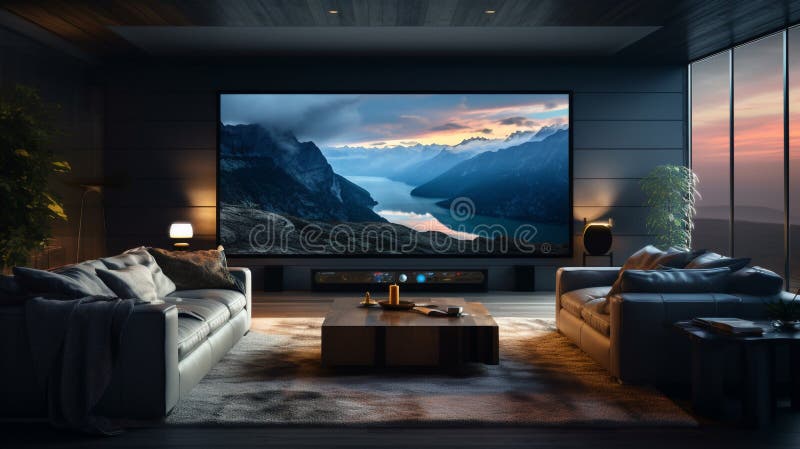 Modern and Refined Living Room with Large Television Screen Stock ...
