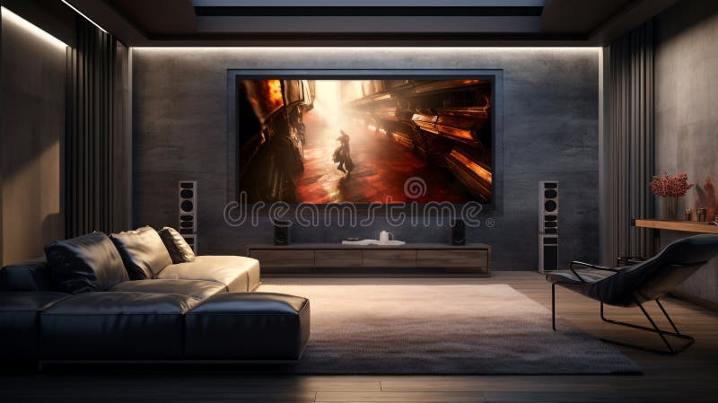 Modern and Refined Living Room with Large Television Screen Stock ...