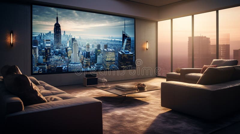 Modern and Refined Living Room with Large Television Screen Stock ...
