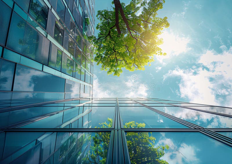 Modern Reflective Glass Building with Tree and Clouds in the Blue Sky ...