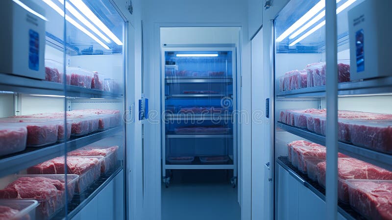Modern Refrigerated Meat Storage Facility with Blue Lighting Stock ...