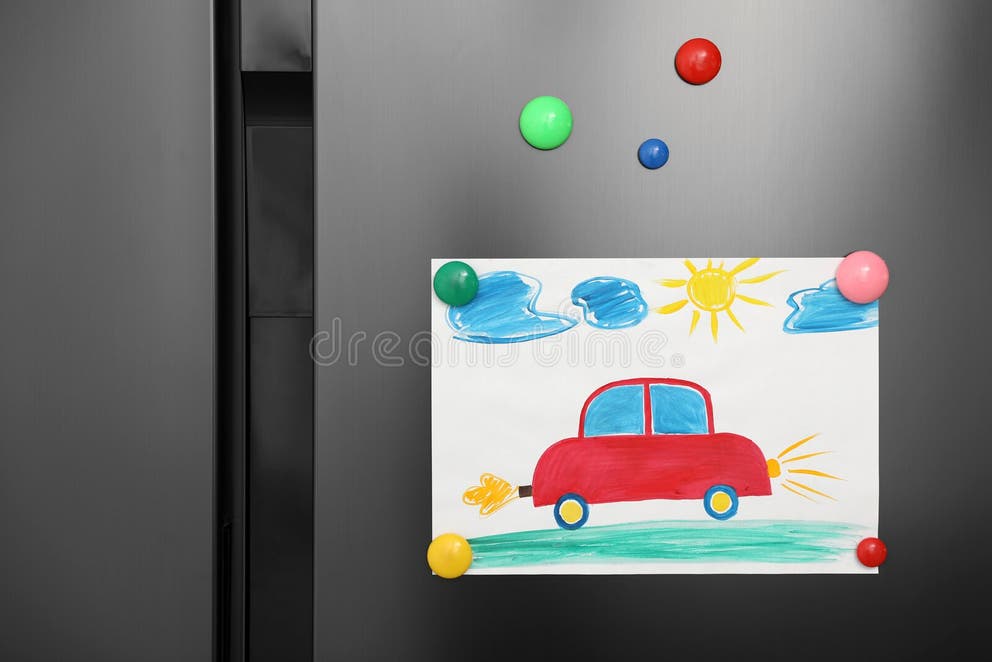Refrigerator with Child`s Drawing and Magnets Stock Photo - Image of ...