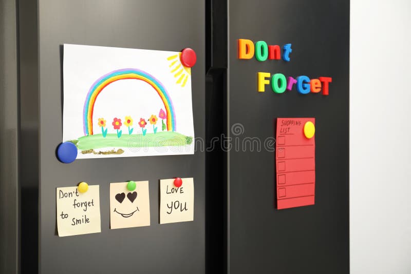 Refrigerator with Child`s Drawing, Notes and Magnets Stock Illustration ...