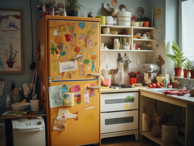 Modern Refrigerator with Child S Drawing, Notes and Magnets in Kitchen ...