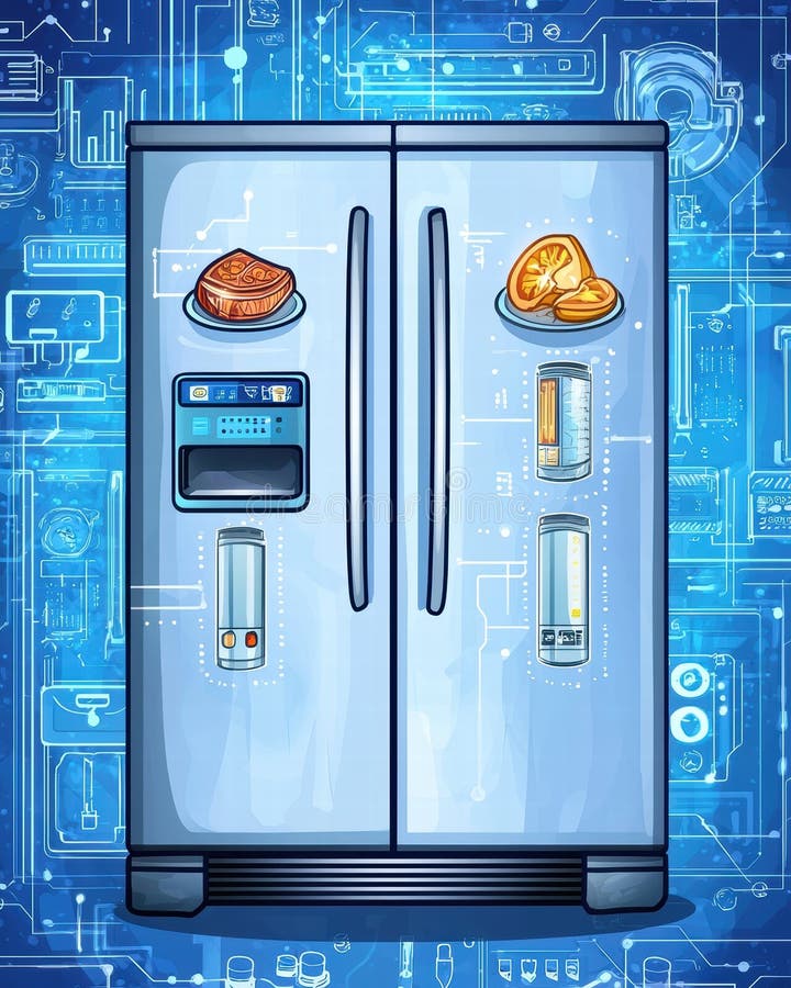 Modern Refrigerator with Digital Interface and Food Display Elements ...