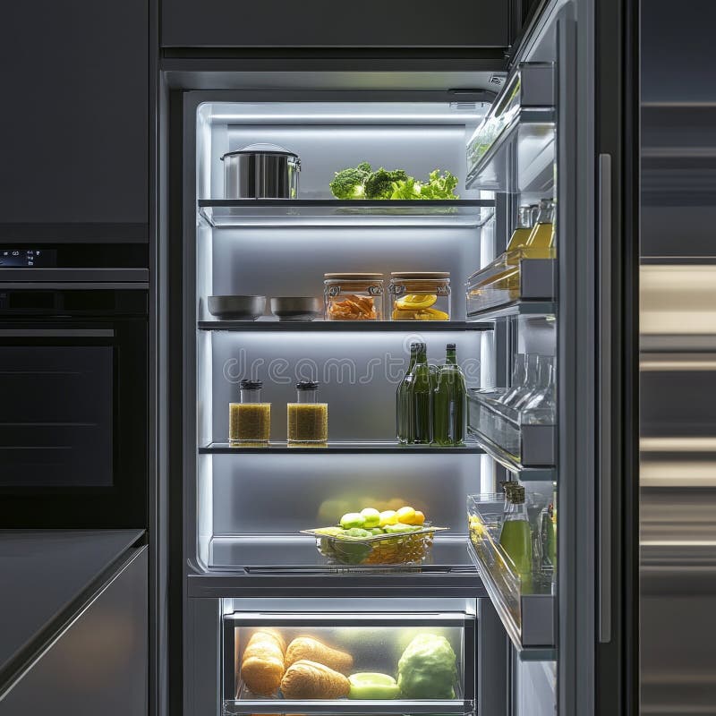 Modern Refrigerator Interior Filled with Food and Beverages in a ...