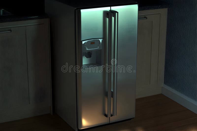 Stainless Steel Refrigerator at Night Stock Photo - Image of realistic ...