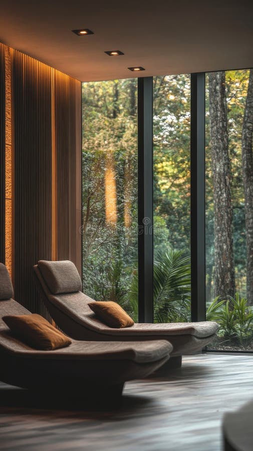 Modern Relaxation Space with Lounge Chairs and Forest View, Serene ...