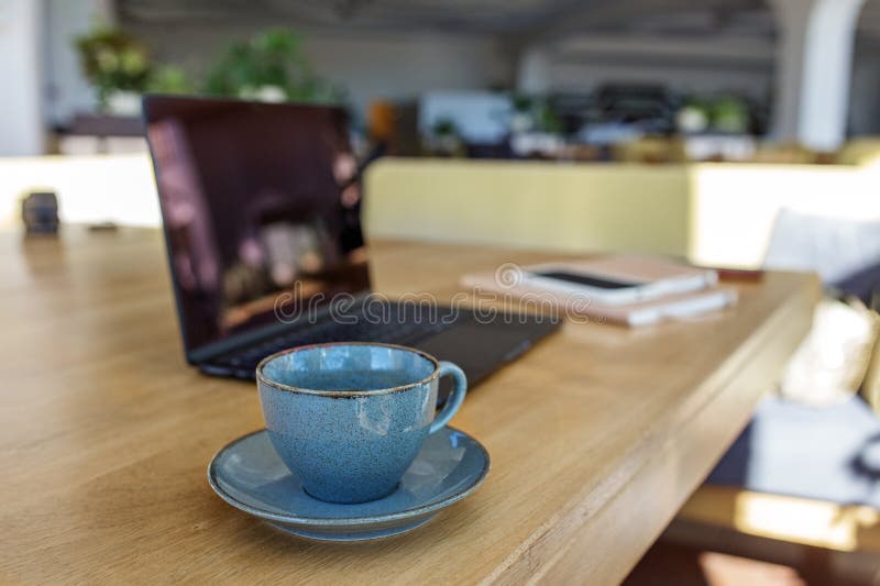Modern Remote Work Setup with Coffee and Electronics Stock Image ...