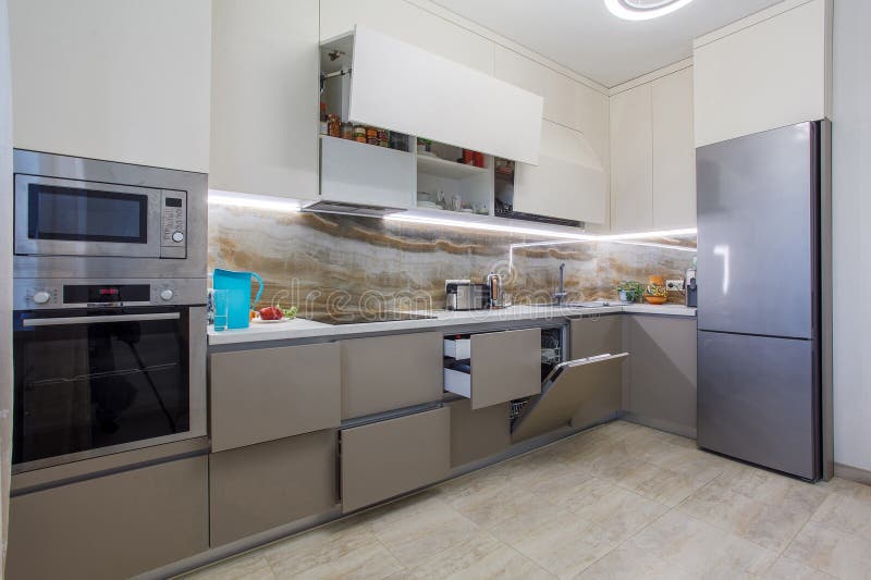 Modern Renovated Kitchen with Flat Design Stock Photo - Image of chair ...