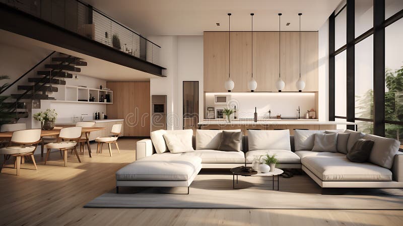 Modern Renovation Interior, 3D Render of an Open-plan Living Space with ...