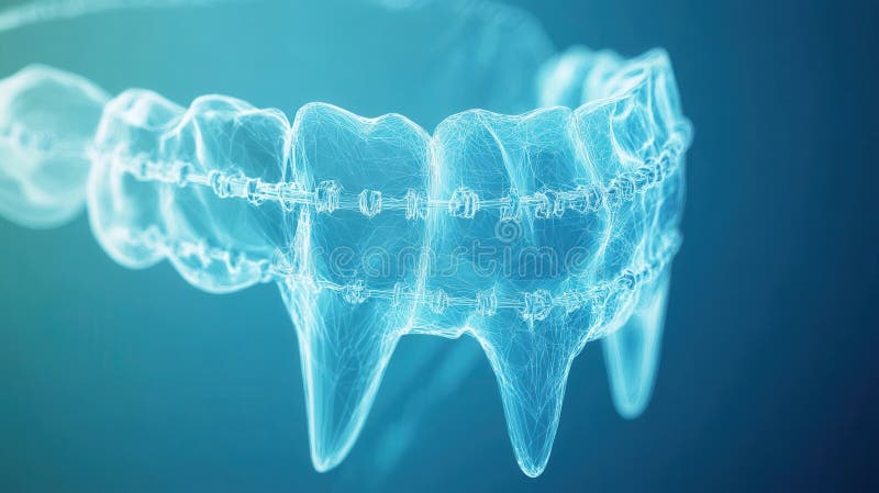 Stylized Dental Arch with Wireframe Braces on a Gradient Blue ...