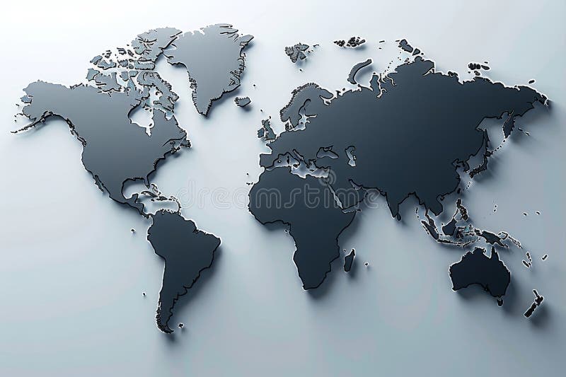 3D Effect Black World Map on Light Background Highlighting Continents ...